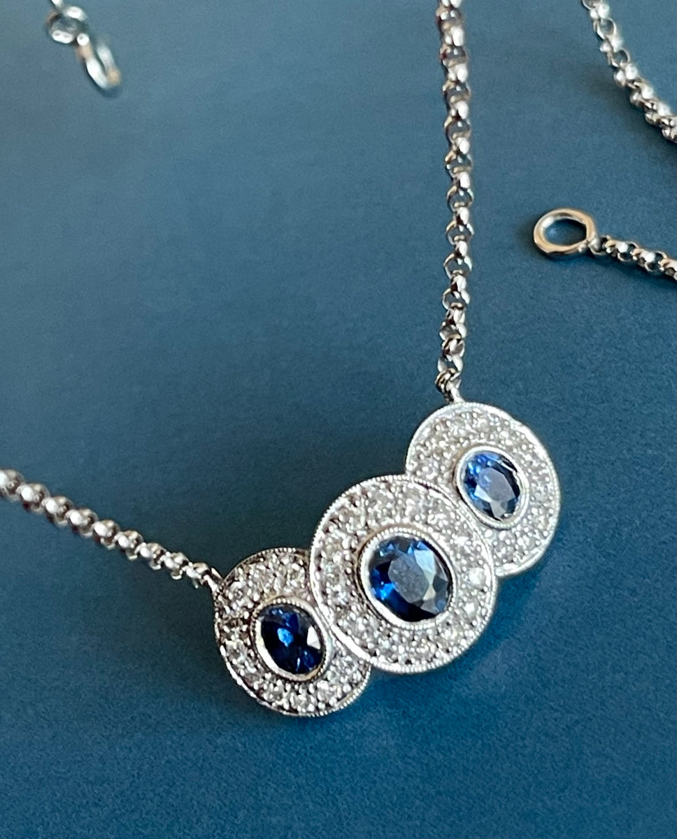 Diamond Sapphire Necklace in 14ct White Gold Halo Cluster Pendant Chai ...